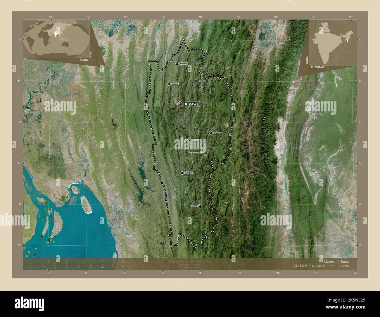Mizoram, state of India. High resolution satellite map. Locations and ...