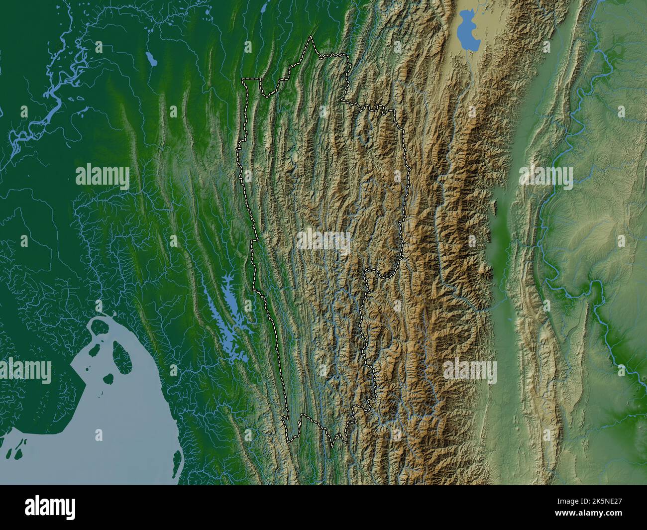 Mizoram, state of India. Colored elevation map with lakes and rivers ...