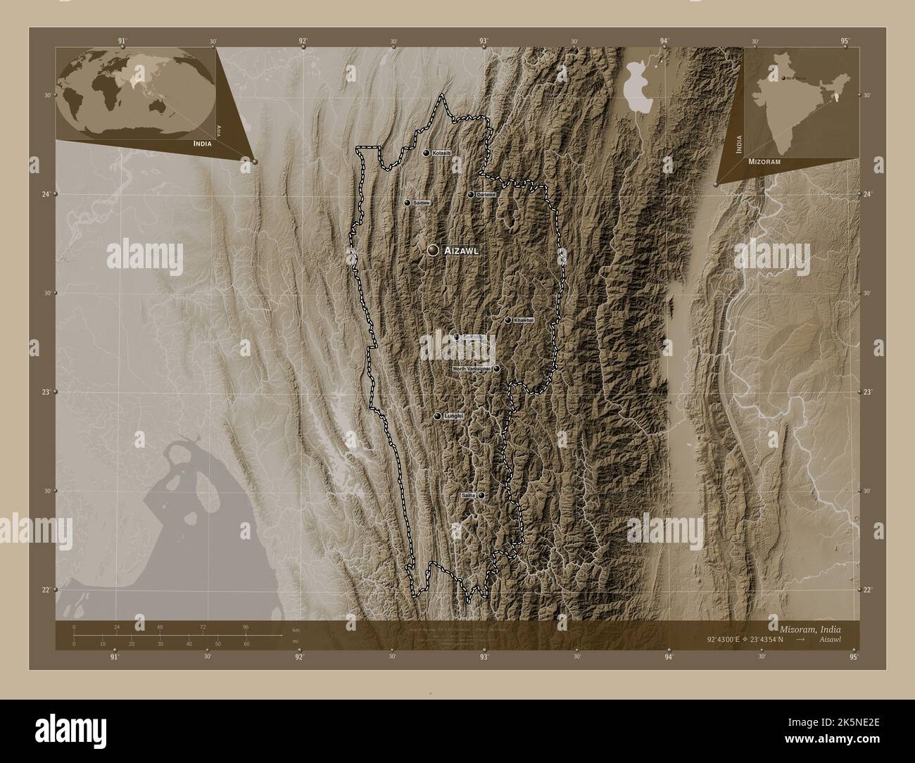 Mizoram, state of India. Elevation map colored in sepia tones with ...