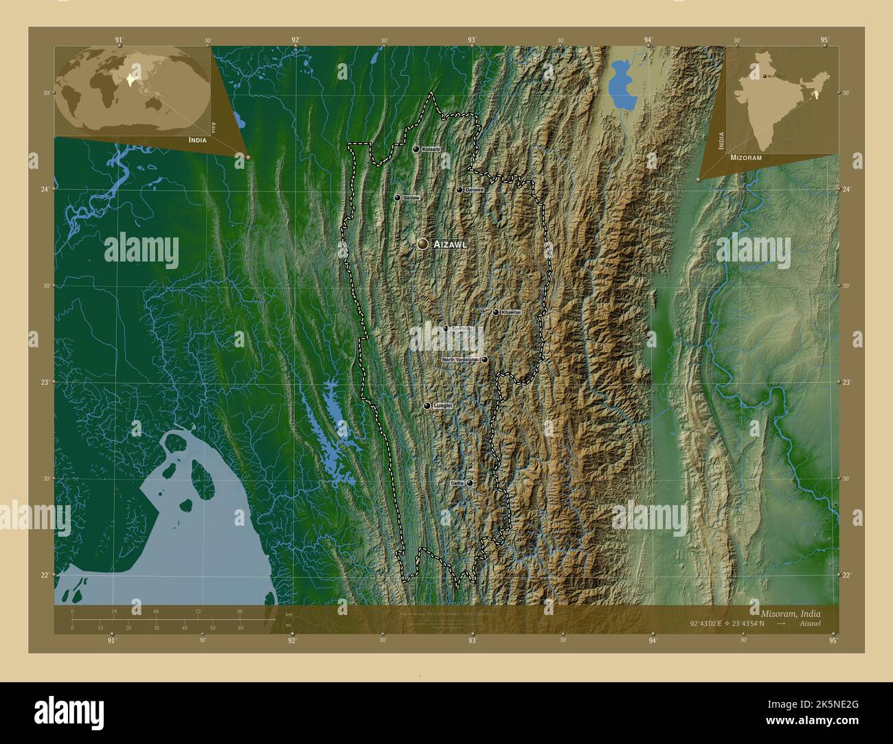 Mizoram, state of India. Colored elevation map with lakes and rivers ...