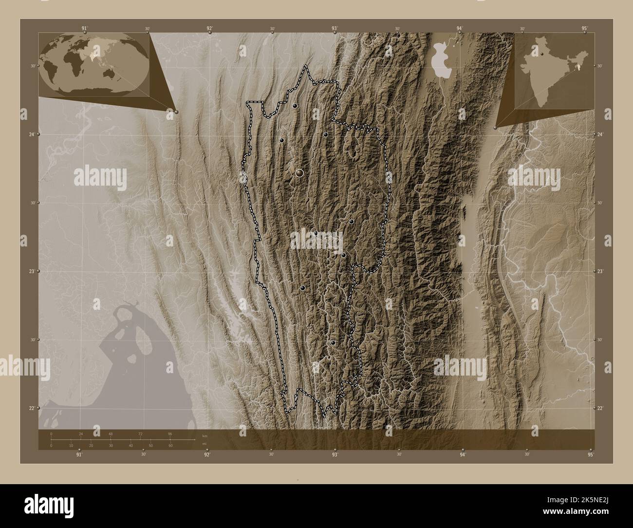 Mizoram, state of India. Elevation map colored in sepia tones with ...