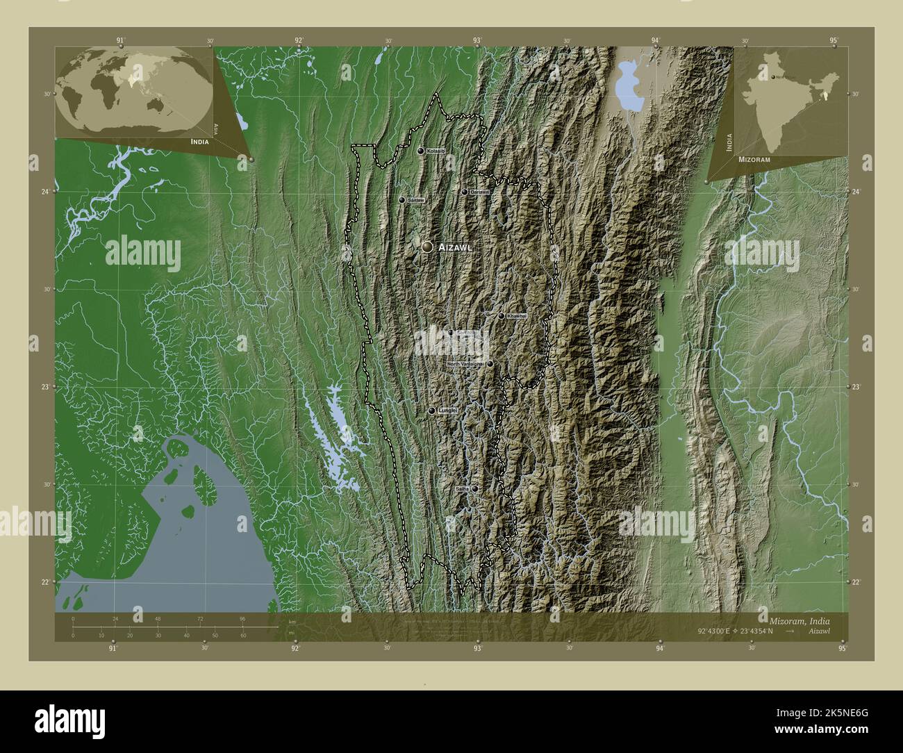 Mizoram, state of India. Elevation map colored in wiki style with lakes and rivers. Locations ...