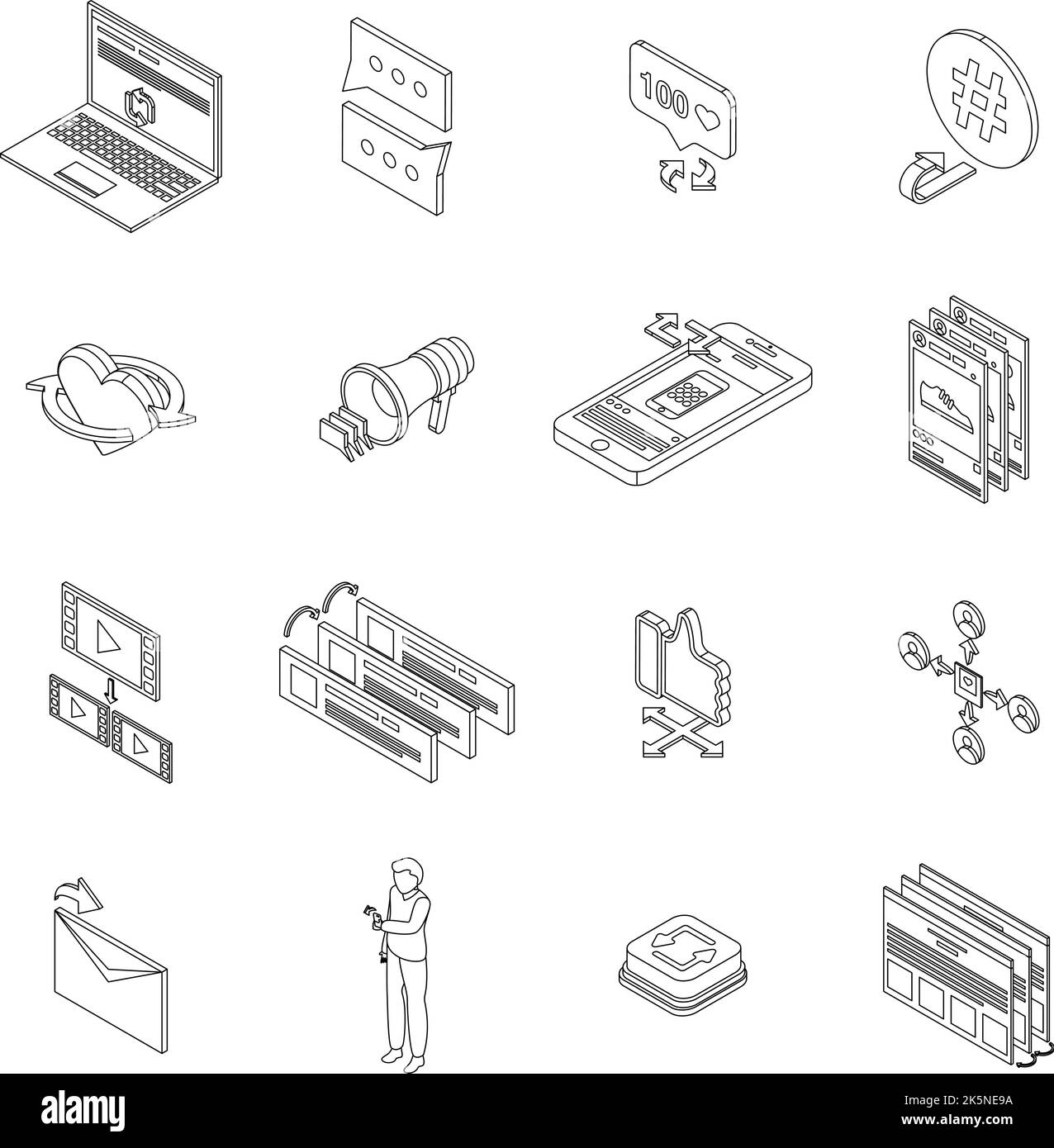 Repost icons set. Isometric set of repost vector icons outline thin lne isolated on white Stock ...