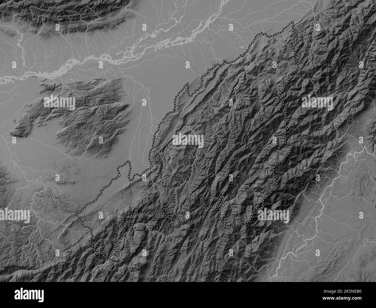 Nagaland, state of India. Grayscale elevation map with lakes and rivers ...