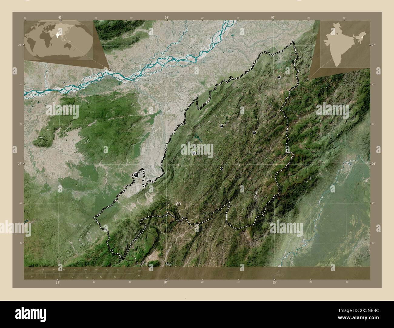 Nagaland, state of India. High resolution satellite map. Locations of ...