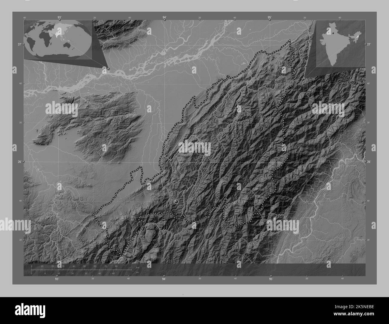 Nagaland, state of India. Grayscale elevation map with lakes and rivers ...