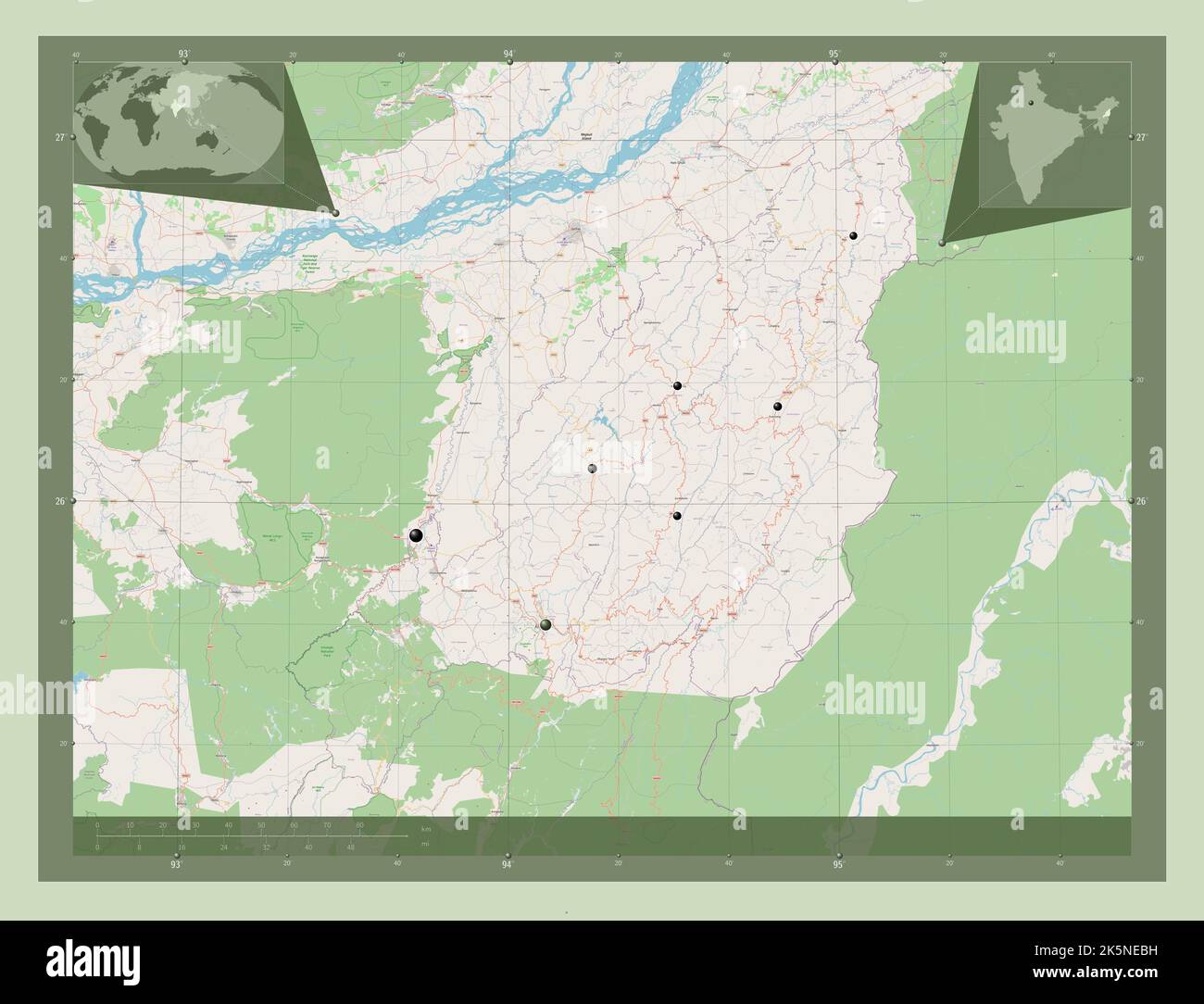 Nagaland, state of India. Open Street Map. Locations of major cities of ...