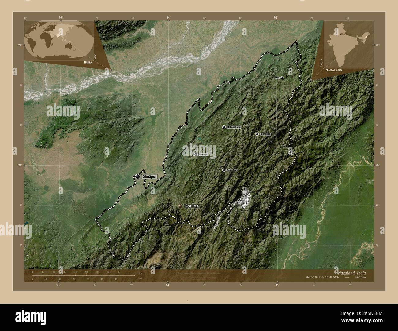 Nagaland, state of India. Low resolution satellite map. Locations and ...
