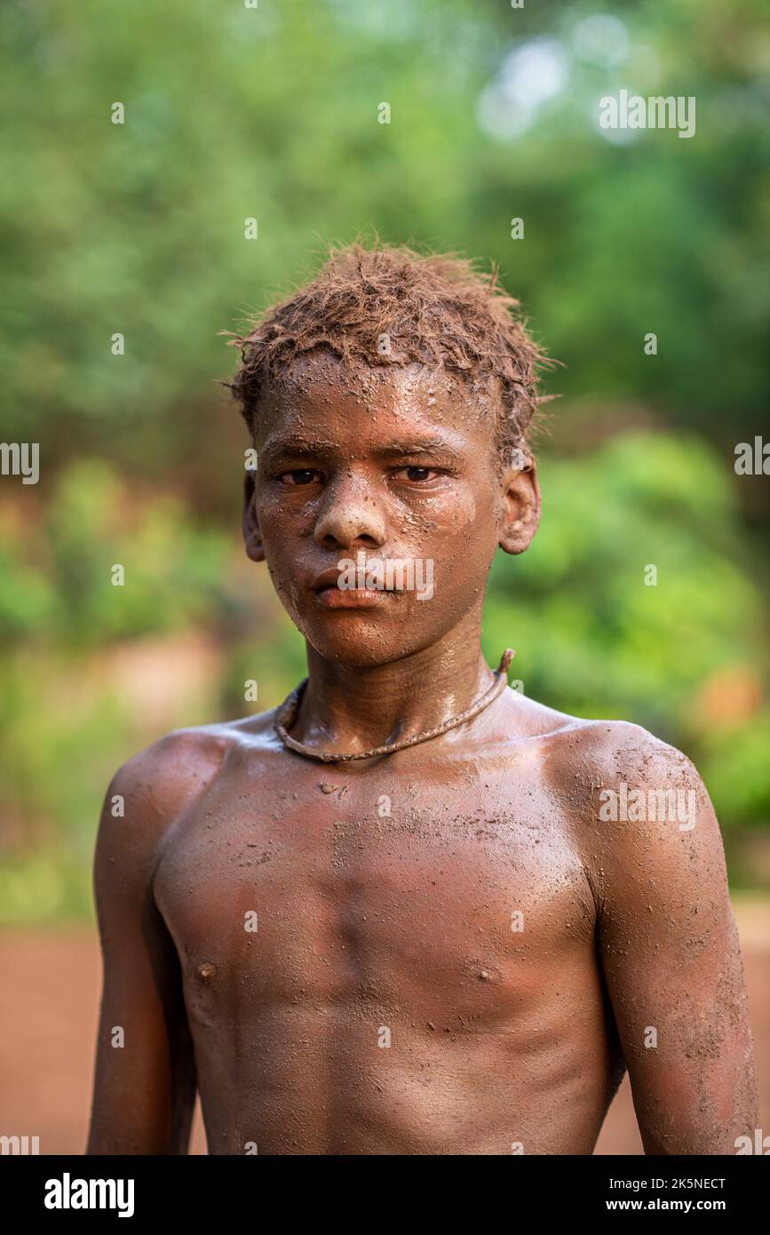 Portrait of a wrestler covered with mud at a kushti akhara (wrestling ...