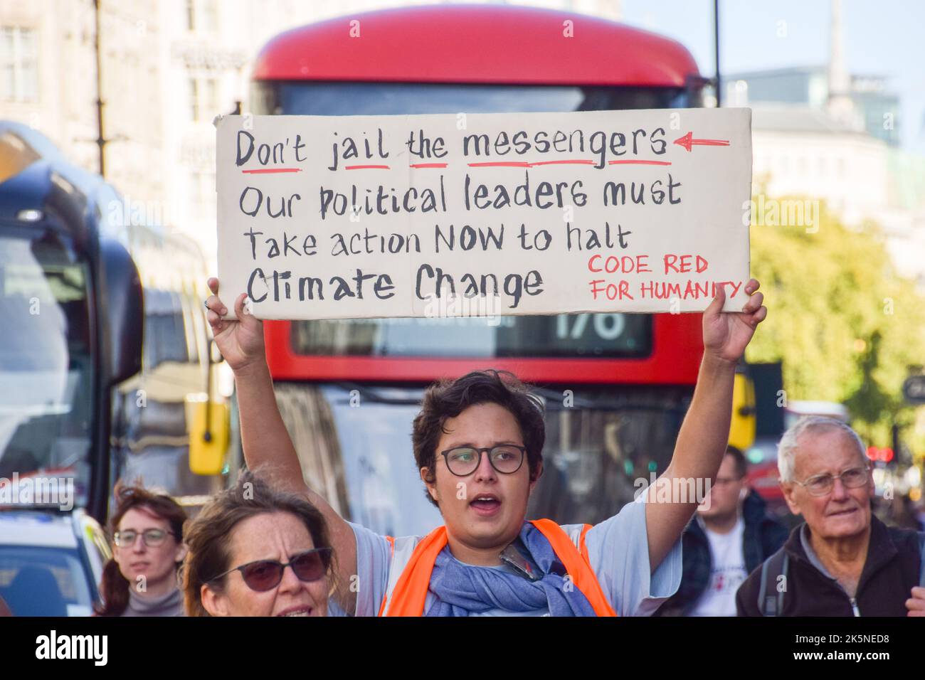 London, England, UK. 9th Oct, 2022. A Just Stop Oil activist holds a ...
