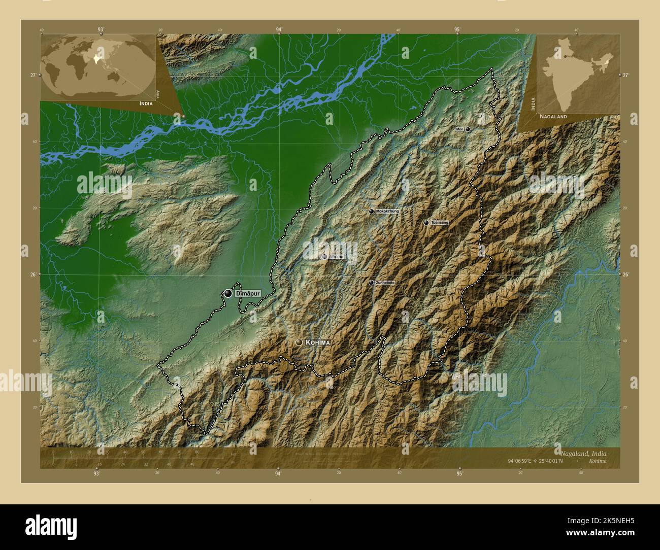 Nagaland, state of India. Colored elevation map with lakes and rivers. Locations and names of ...