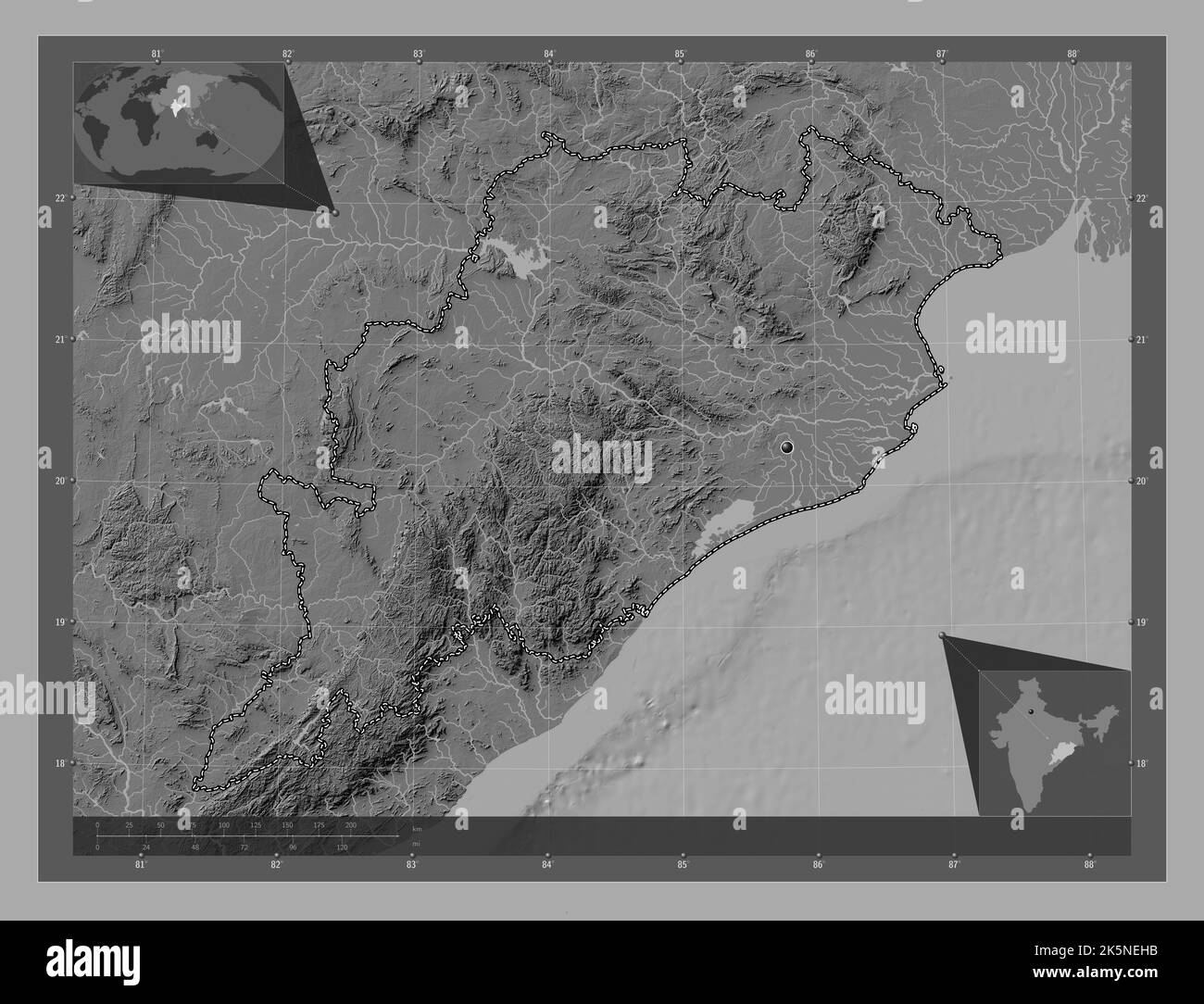 Odisha, state of India. Bilevel elevation map with lakes and rivers ...