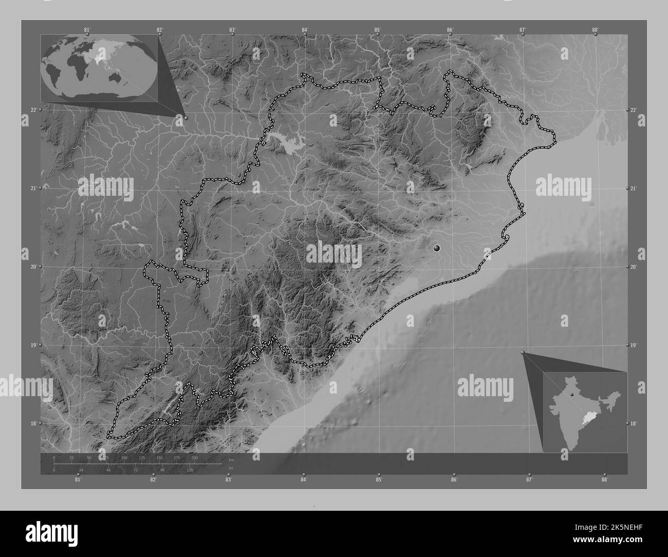 Odisha, state of India. Grayscale elevation map with lakes and rivers ...