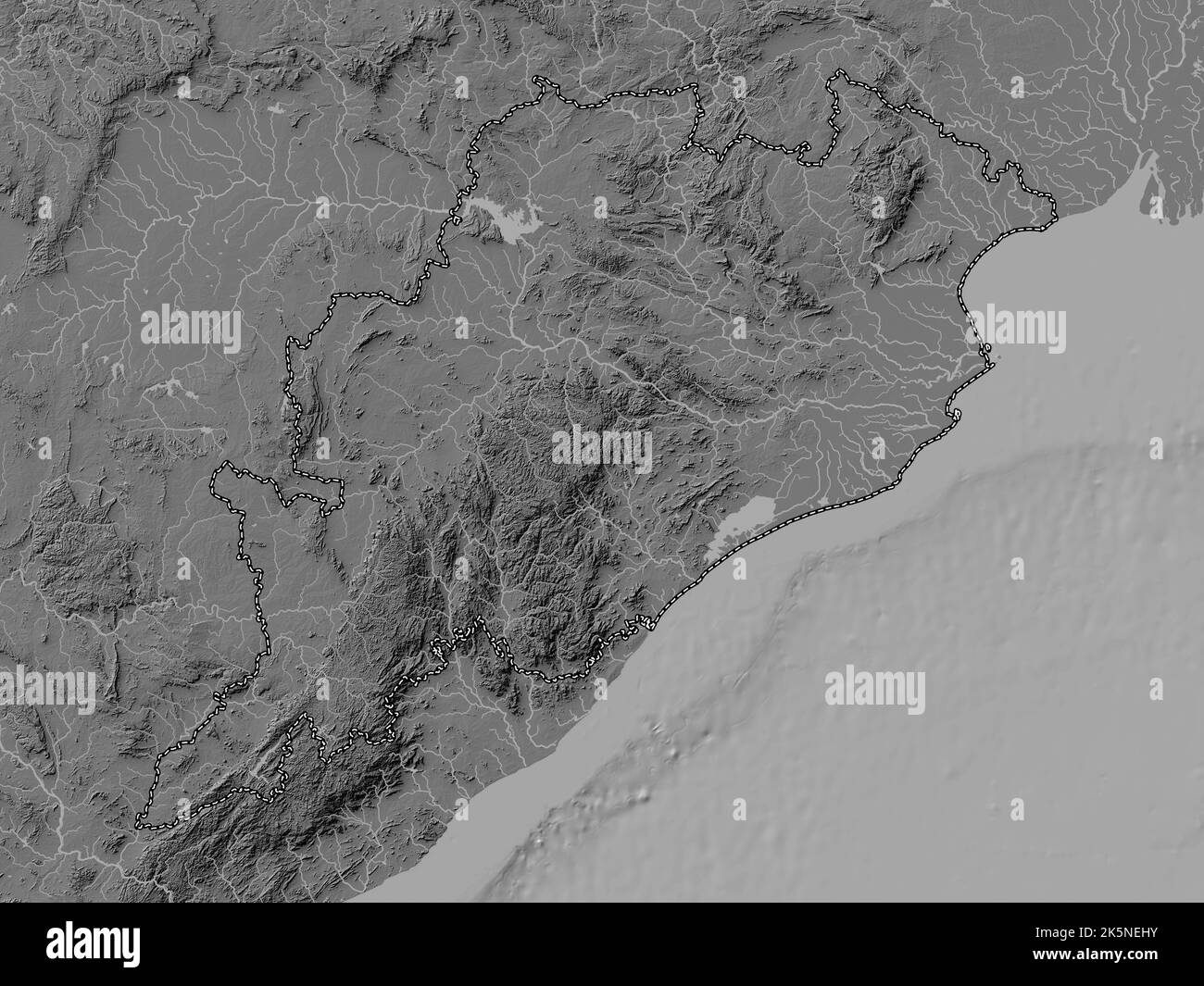Odisha, state of India. Bilevel elevation map with lakes and rivers ...