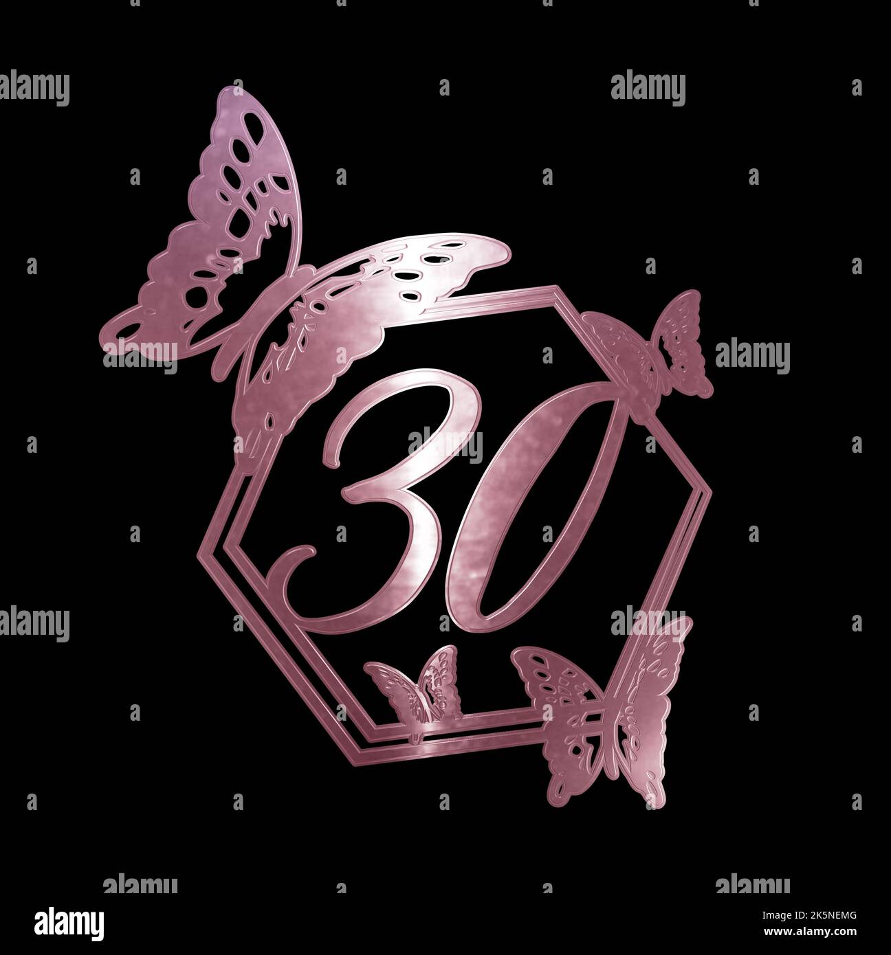 3d illustration number 30 rose gold with butterflies birthday black ...