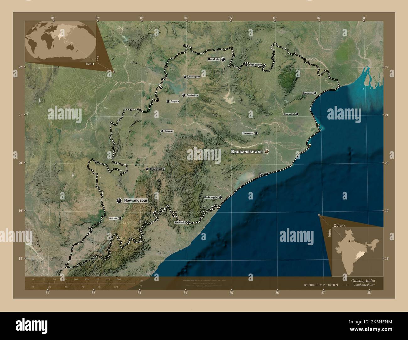 Odisha, state of India. Low resolution satellite map. Locations and ...