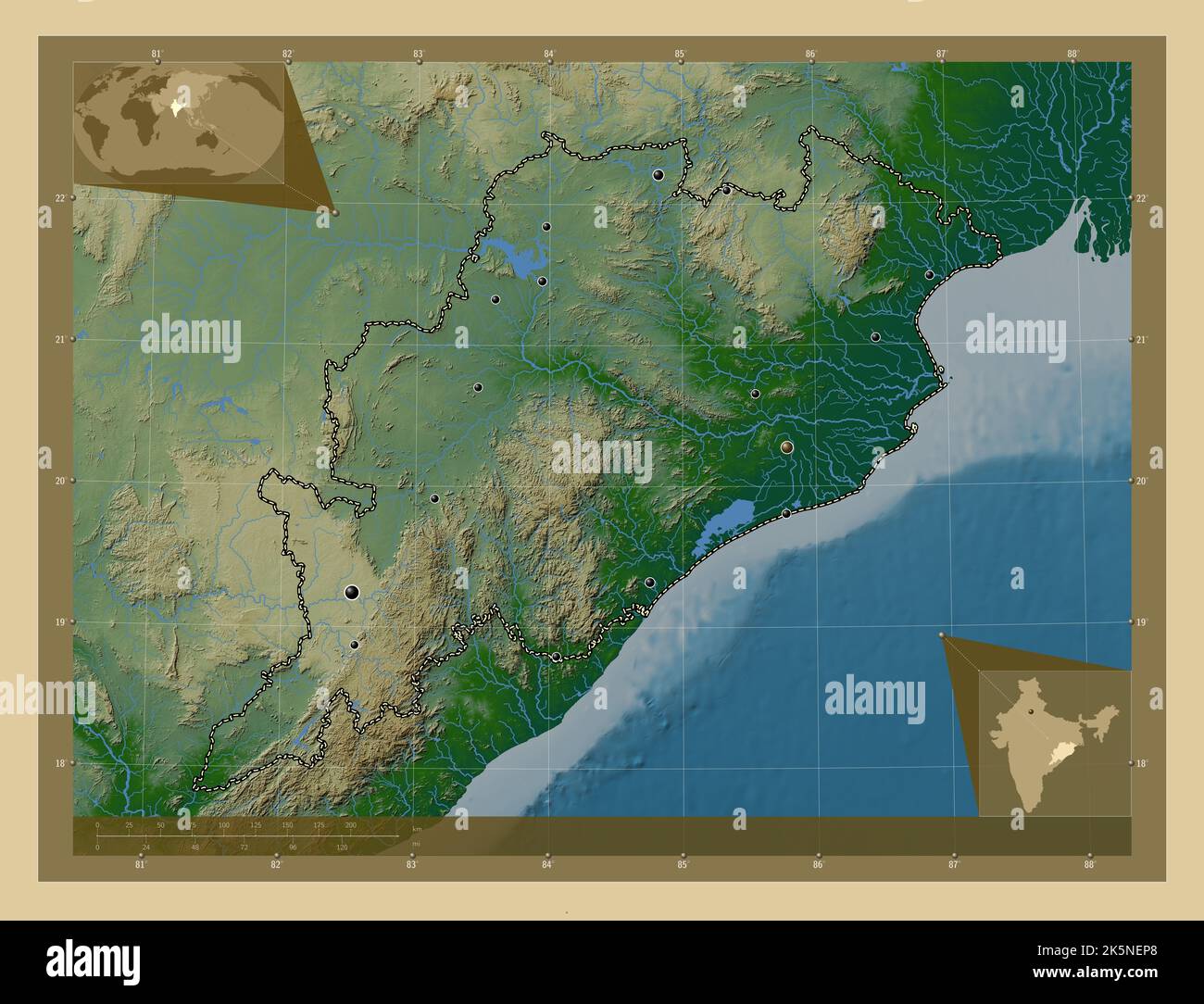 Odisha, state of India. Colored elevation map with lakes and rivers ...