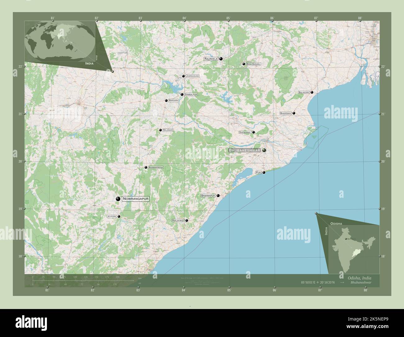 Odisha, state of India. Open Street Map. Locations and names of major ...