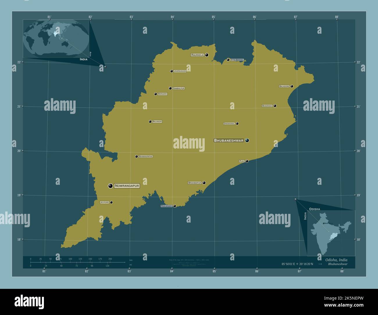 Odisha, state of India. Solid color shape. Locations and names of major ...