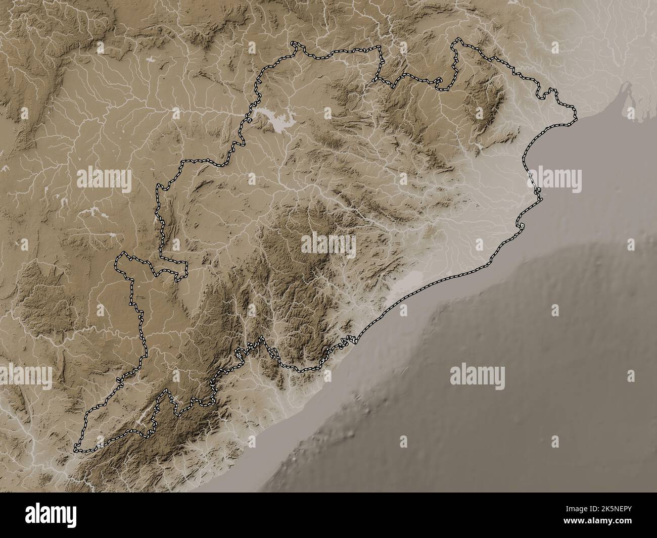 Odisha, state of India. Elevation map colored in sepia tones with lakes ...
