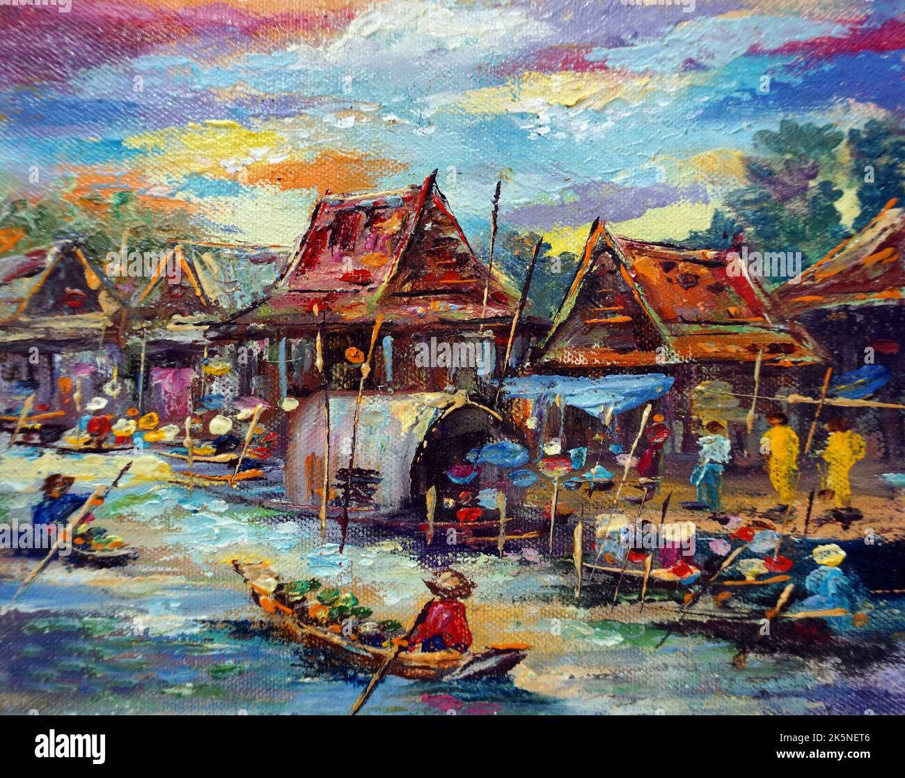 Art painting Oil color Floating market Thailand , rural life , rural ...