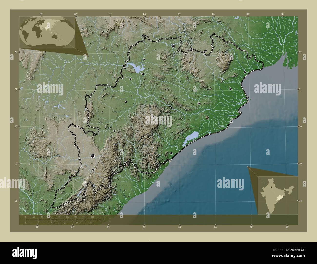 Odisha, state of India. Elevation map colored in wiki style with lakes ...