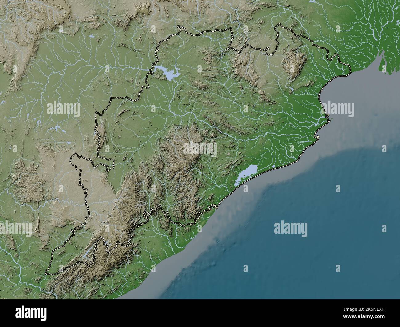 Odisha, state of India. Elevation map colored in wiki style with lakes ...
