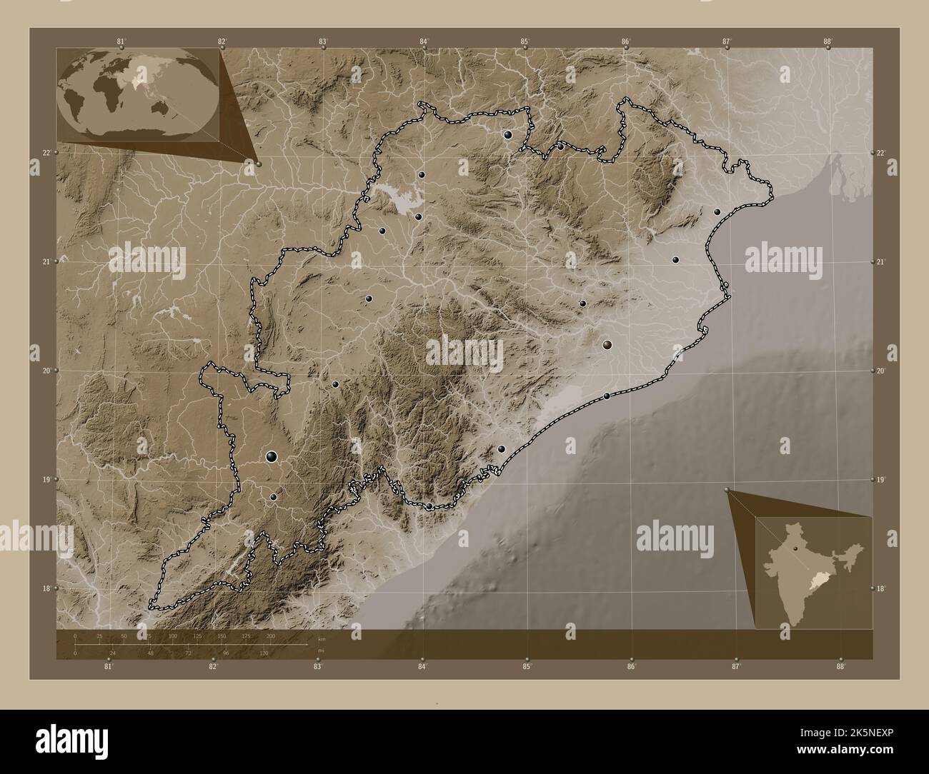 Odisha, state of India. Elevation map colored in sepia tones with lakes ...