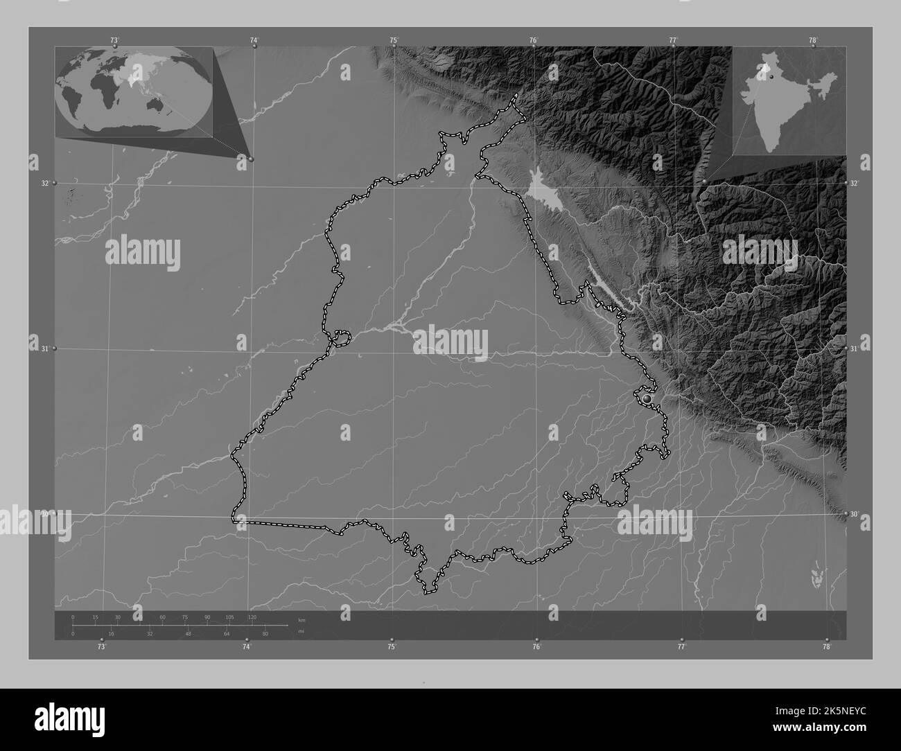 Punjab, state of India. Grayscale elevation map with lakes and rivers ...