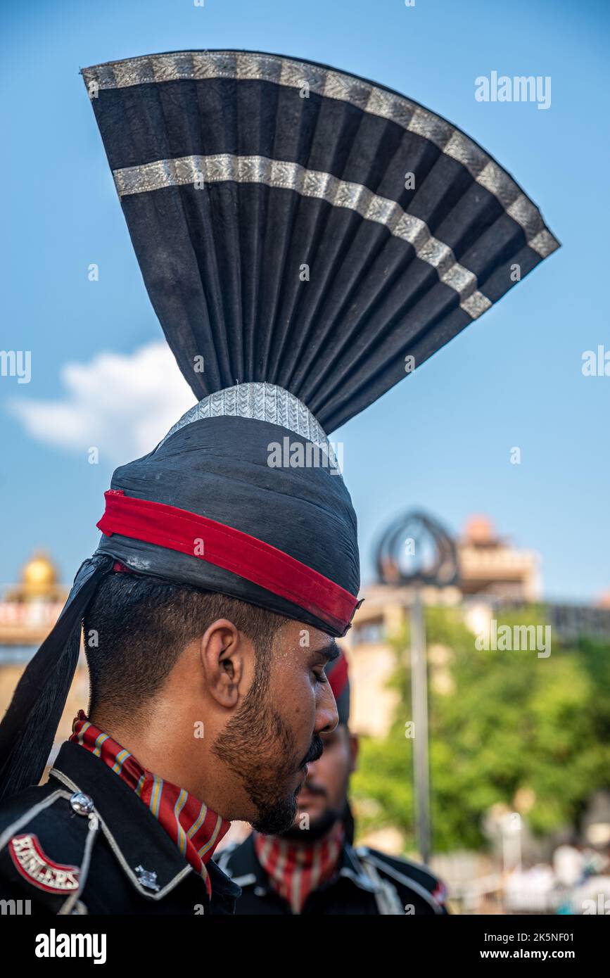 Headdress of a Pakistan Ranger at the lowering of the flag ceremony ...