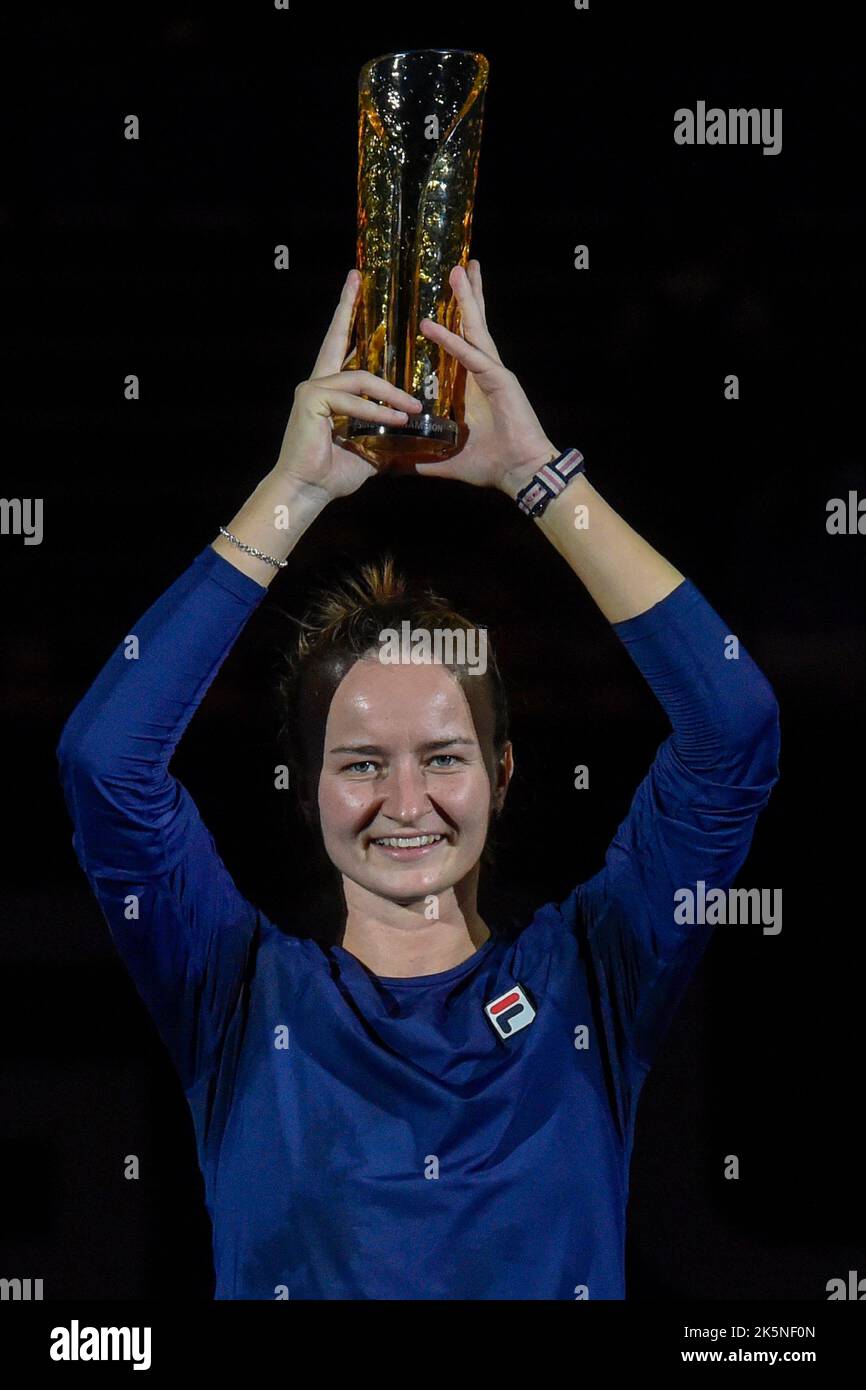 Ostrava, Czech Republic. 09th Oct, 2022. Winner Barbora Krejcikova of Czech Republic holds her ...