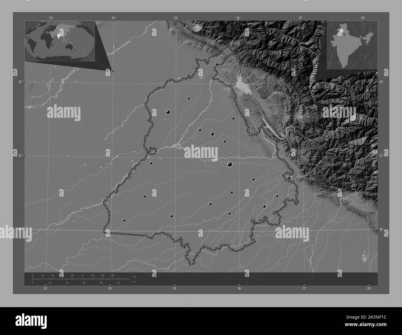 Punjab, state of India. Bilevel elevation map with lakes and rivers ...