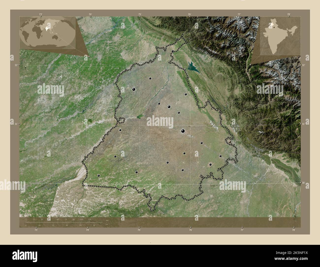 Punjab, state of India. High resolution satellite map. Locations of ...