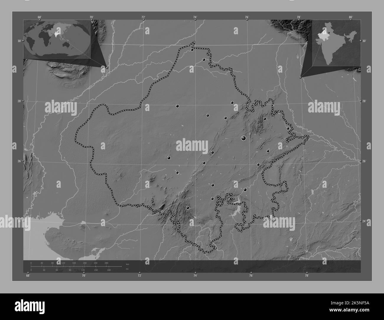 Rajasthan, state of India. Bilevel elevation map with lakes and rivers ...