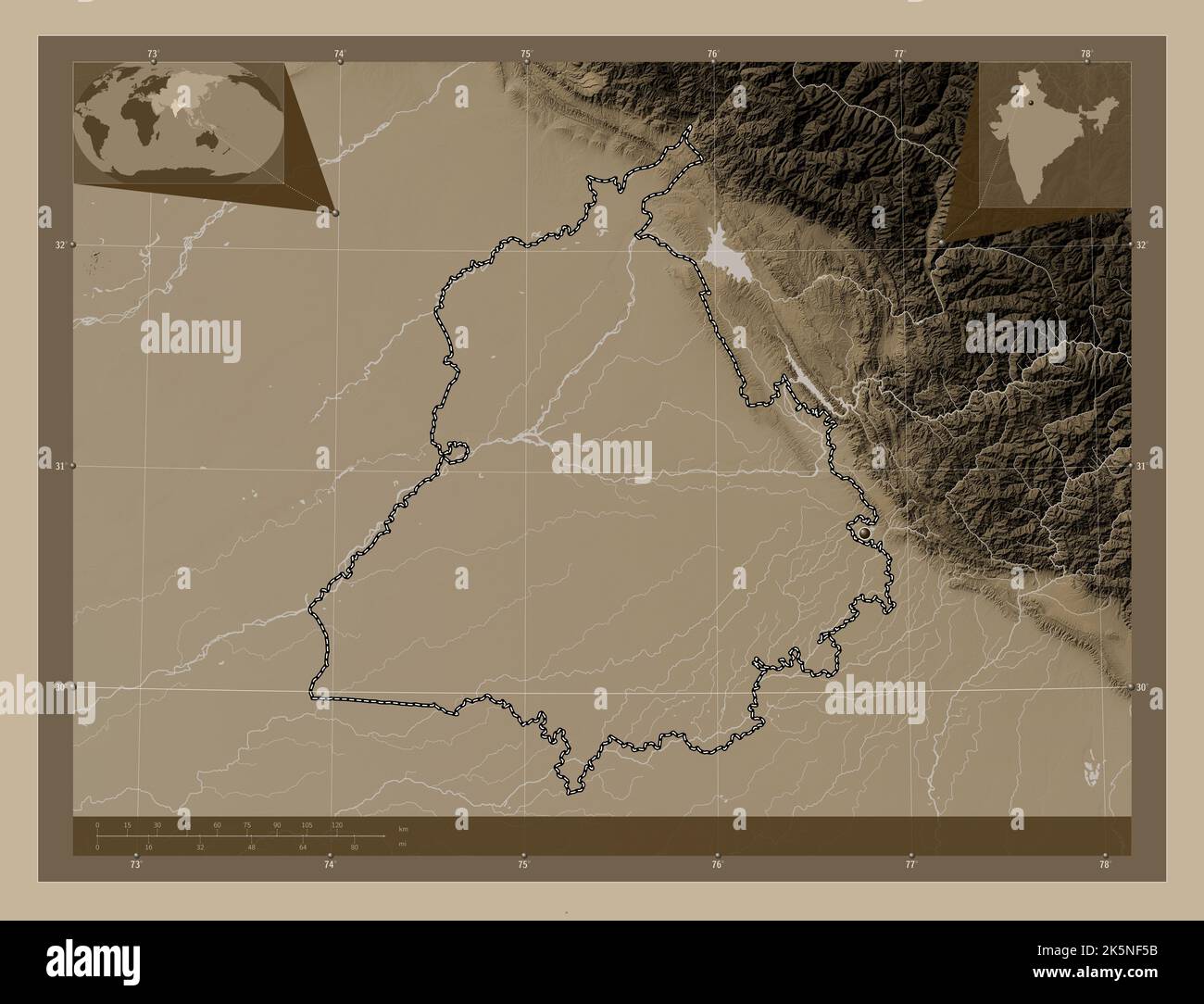 Punjab, state of India. Elevation map colored in sepia tones with lakes ...