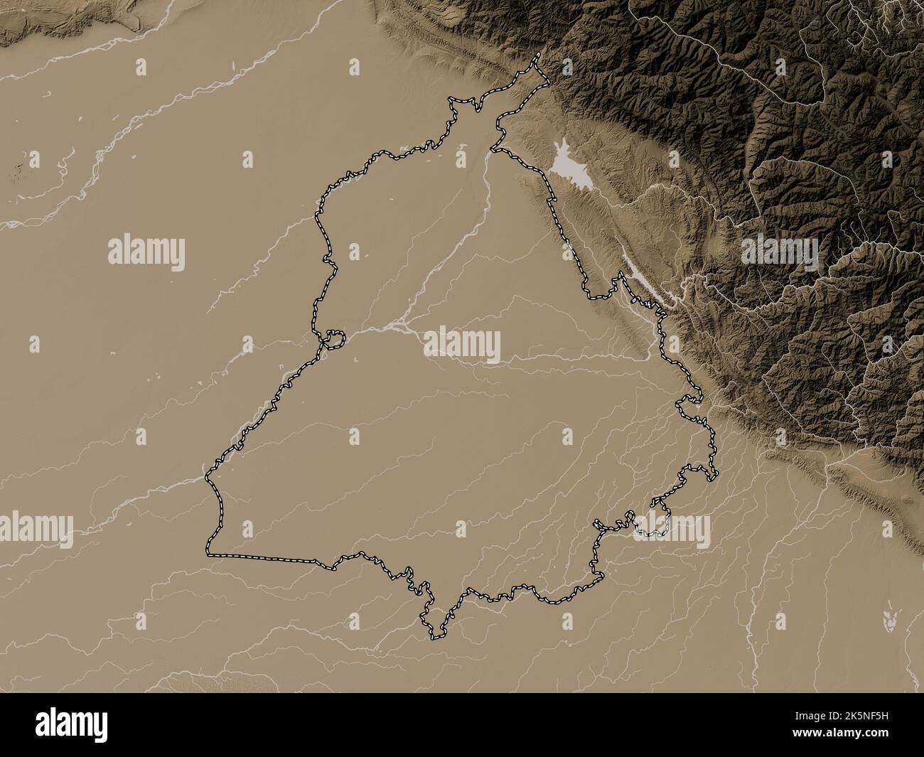 Punjab, state of India. Elevation map colored in sepia tones with lakes ...