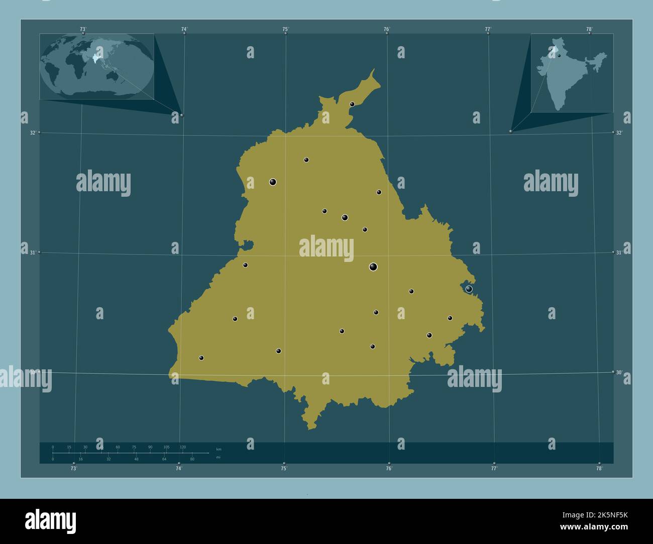 Punjab, state of India. Solid color shape. Locations of major cities of ...