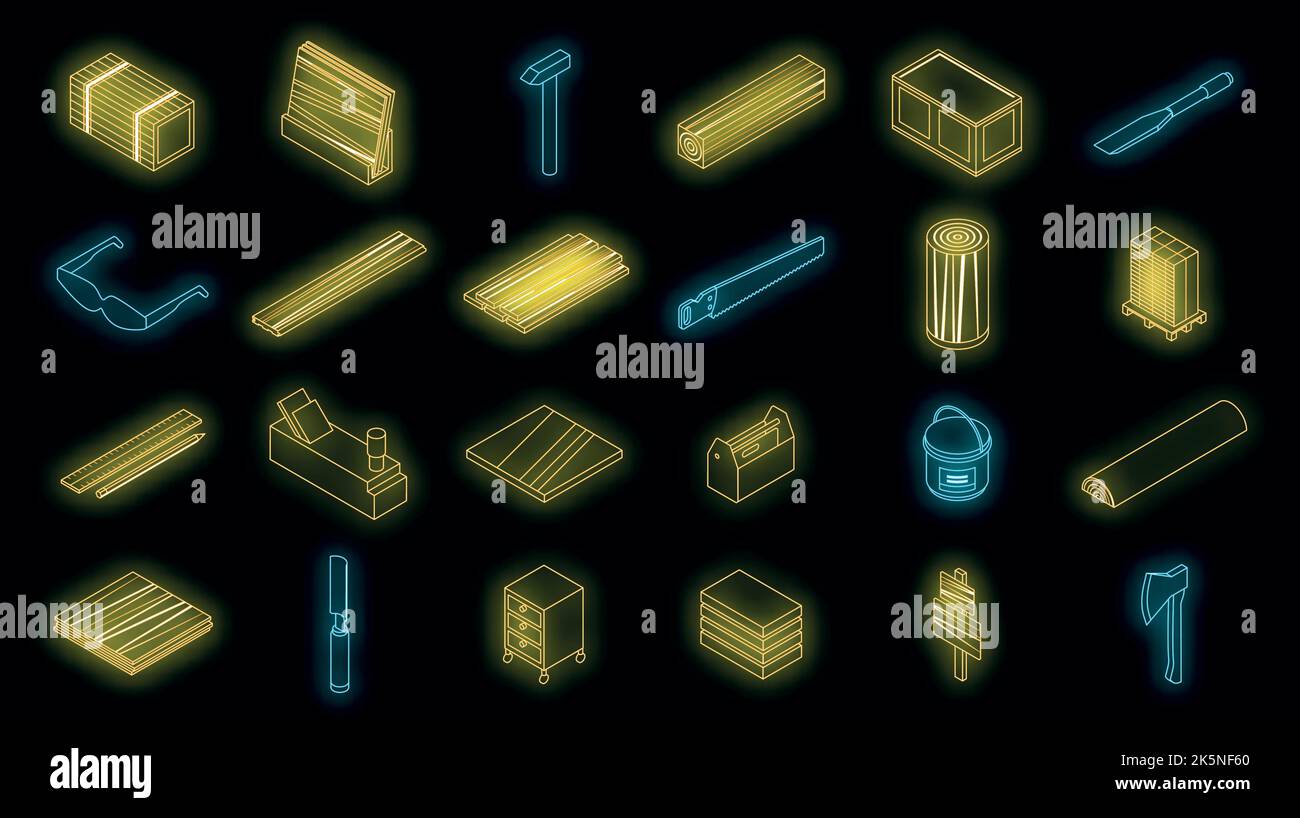 Plywood icons set. Isometric set of plywood vector icons neon color on black Stock Vector Image ...