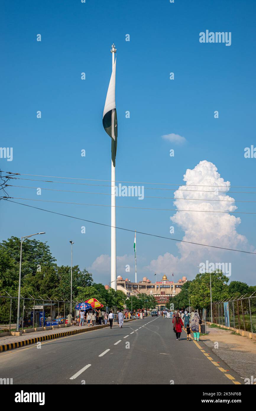 A huge Pakistan flag on the way to lowering of the flag ceremony, Wagah ...