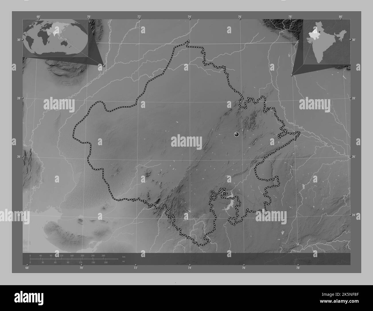 Rajasthan, state of India. Grayscale elevation map with lakes and ...