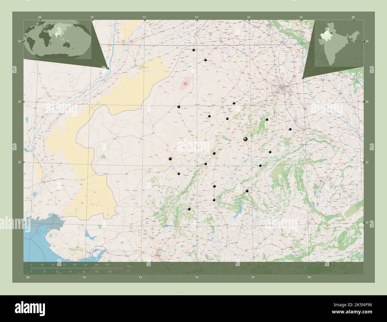 Rajasthan, state of India. Open Street Map. Locations of major cities ...