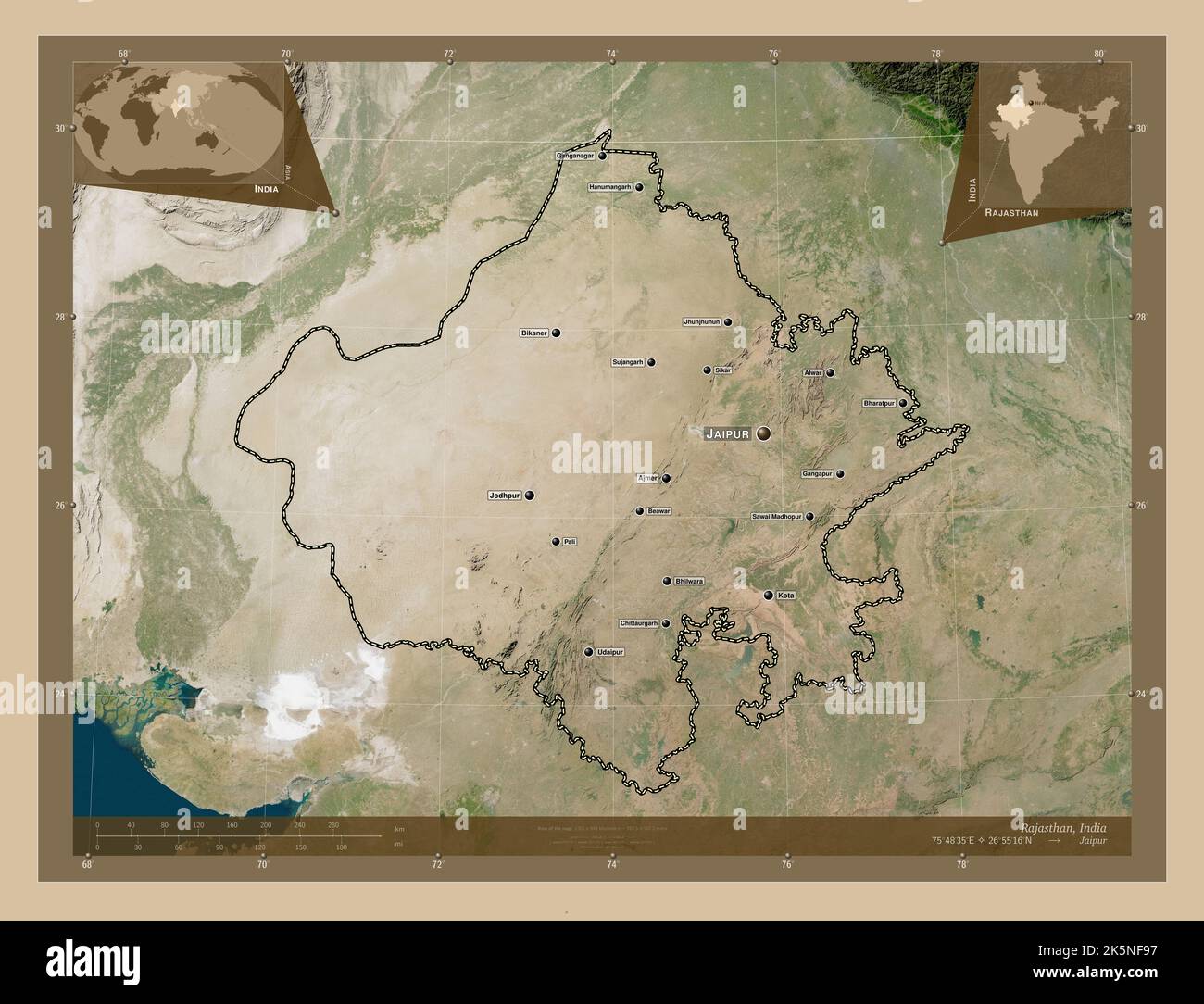 Rajasthan, state of India. Low resolution satellite map. Locations and ...