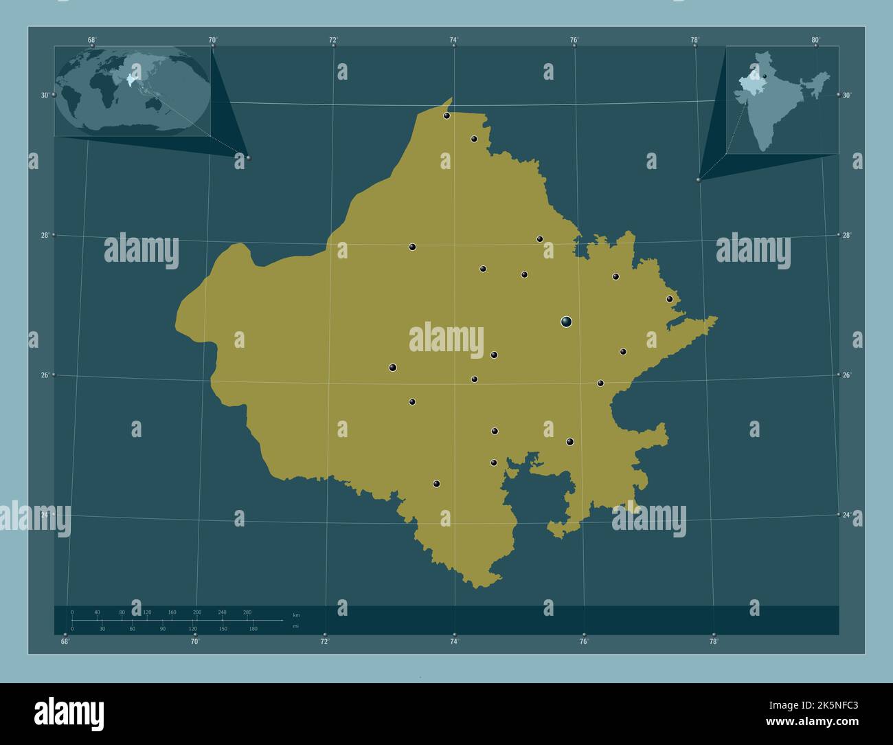 Rajasthan, state of India. Solid color shape. Locations of major cities ...