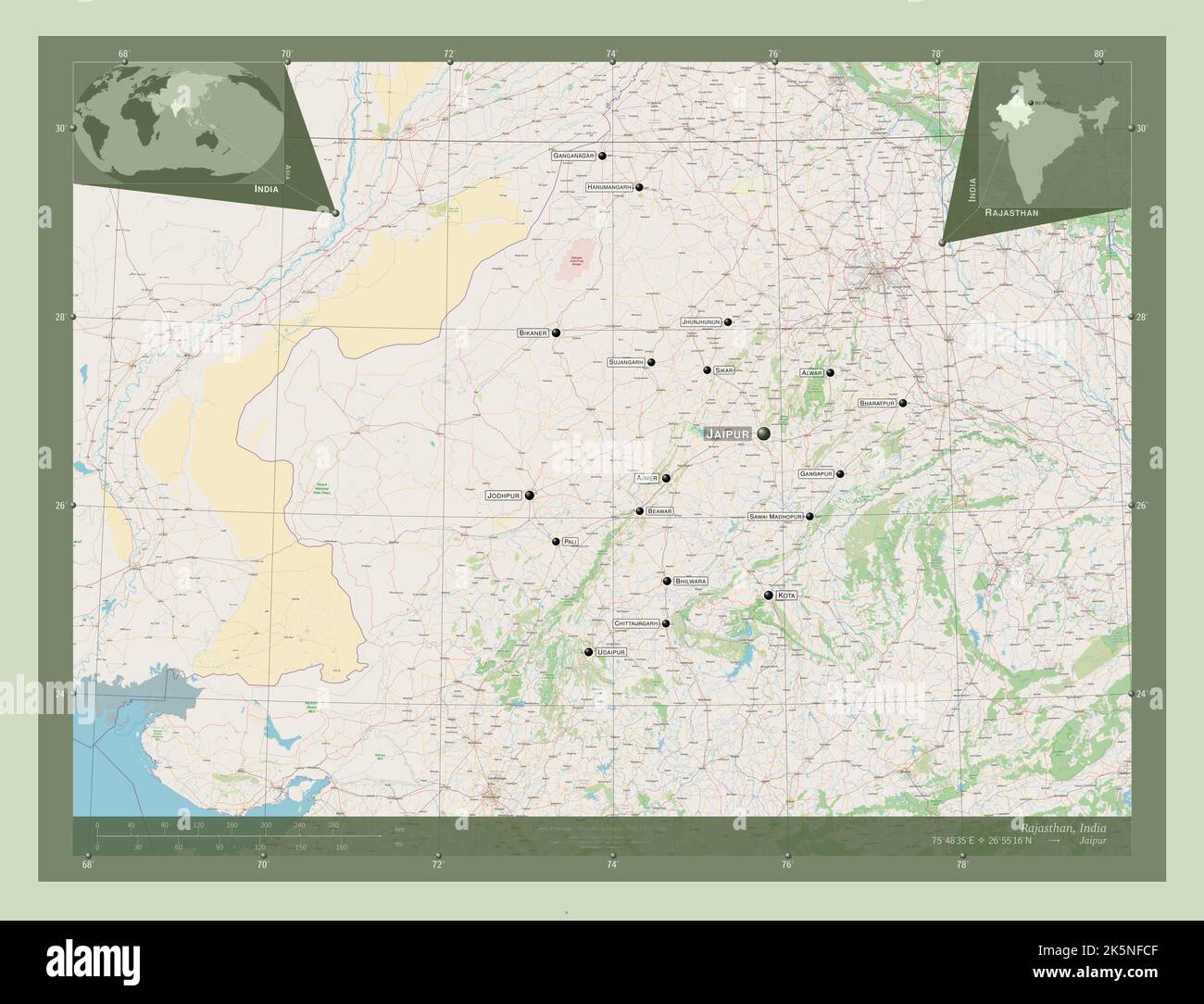 Rajasthan, state of India. Open Street Map. Locations and names of ...