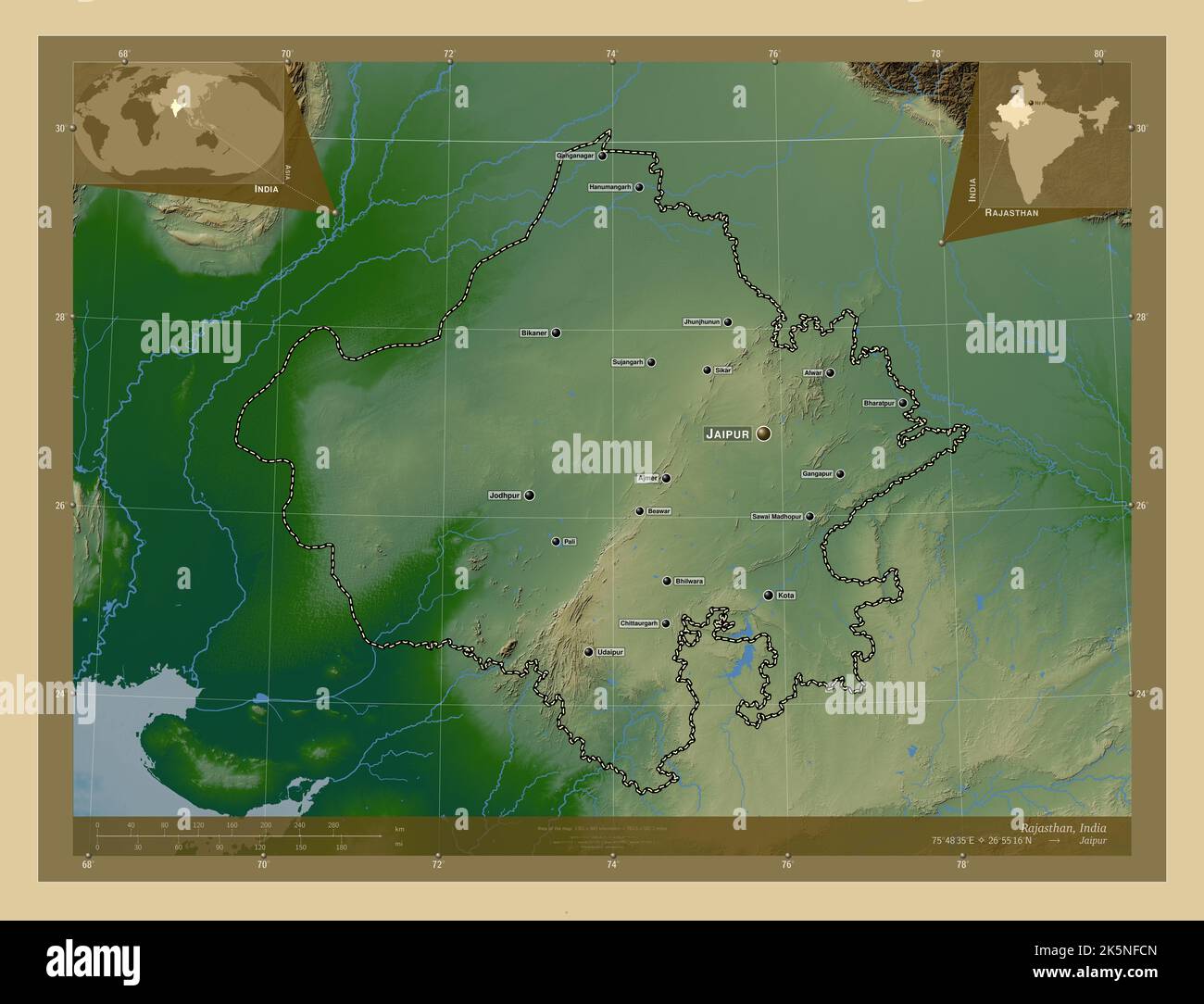 Rajasthan, state of India. Colored elevation map with lakes and rivers ...