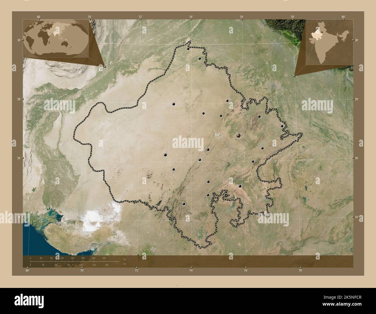Rajasthan, state of India. Low resolution satellite map. Locations of ...
