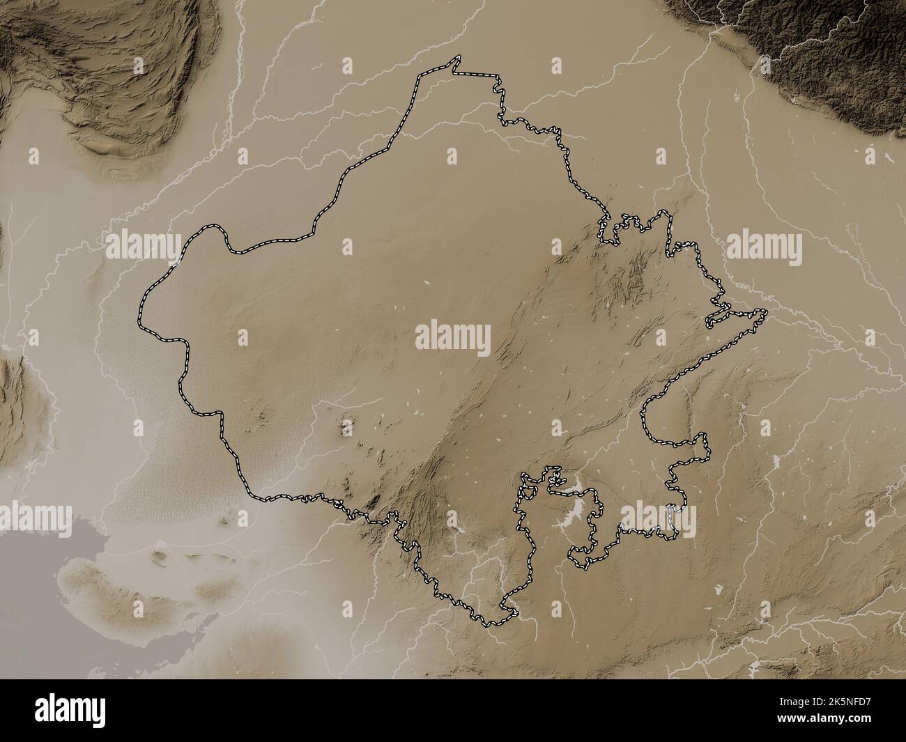 Rajasthan, state of India. Elevation map colored in sepia tones with ...