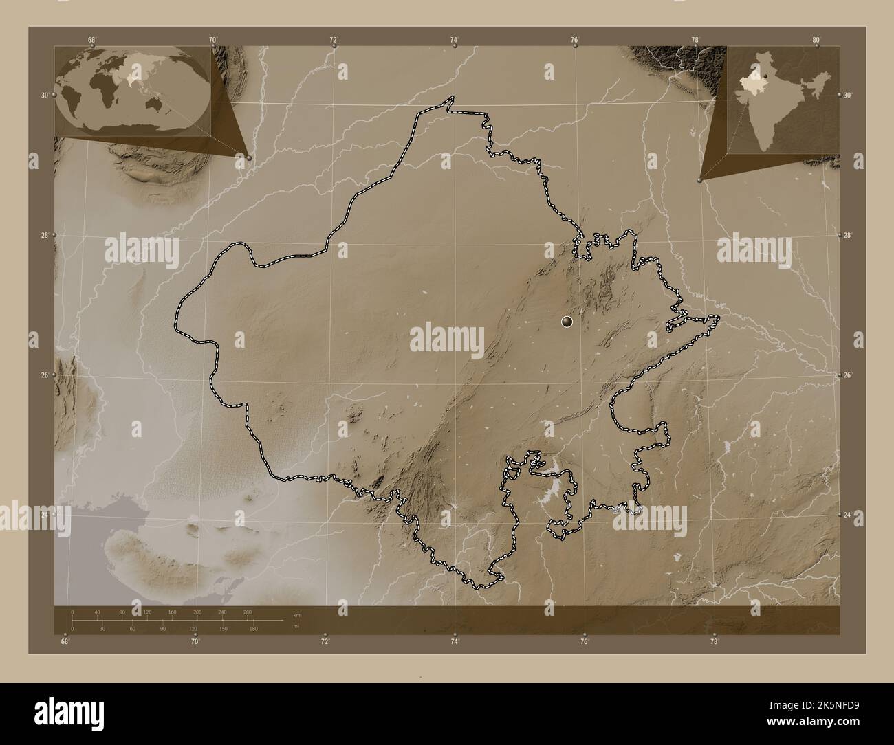 Rajasthan, state of India. Elevation map colored in sepia tones with ...