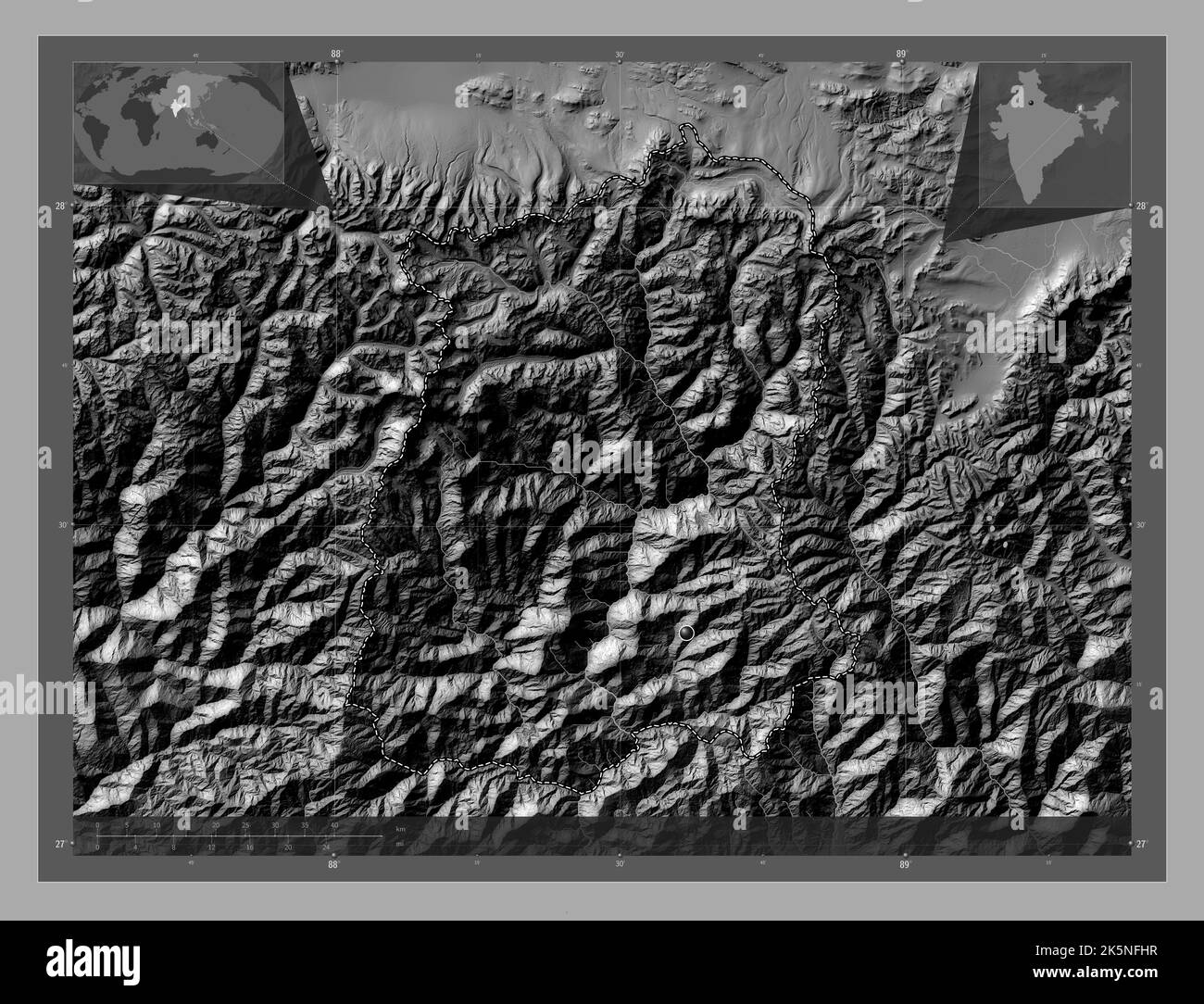 Sikkim, state of India. Bilevel elevation map with lakes and rivers ...