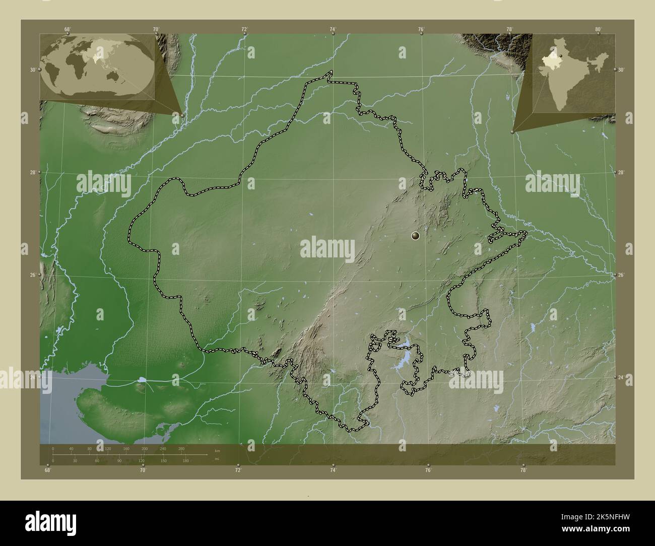 Rajasthan, state of India. Elevation map colored in wiki style with ...